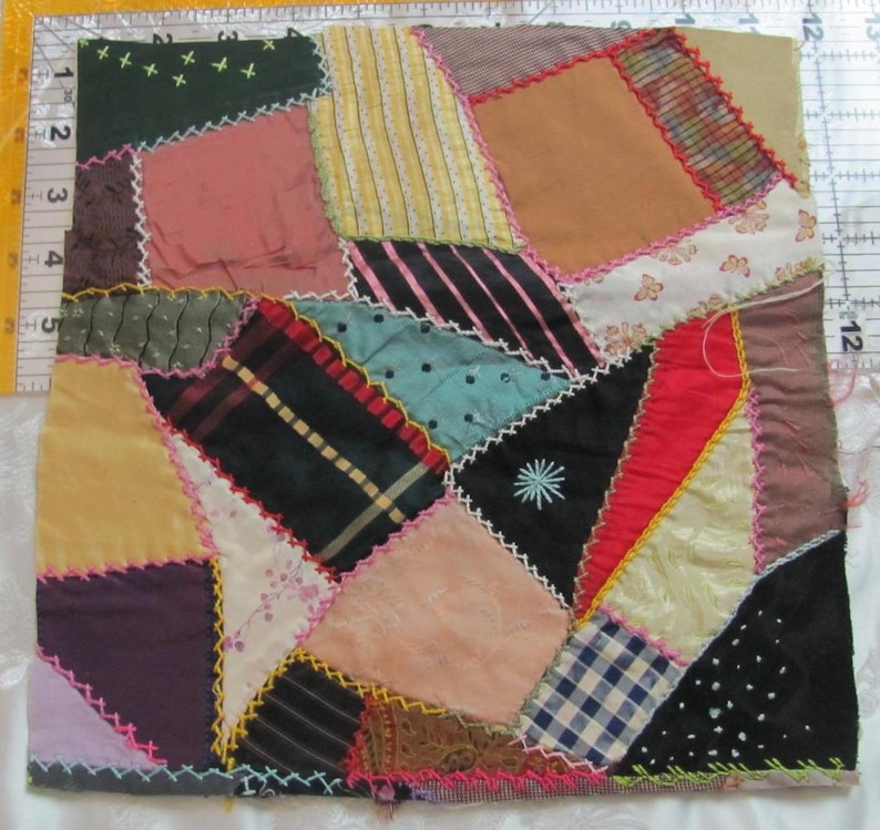 Antique Crazy Quilt Piece Square Block 11" // Early Century Repurpose ...