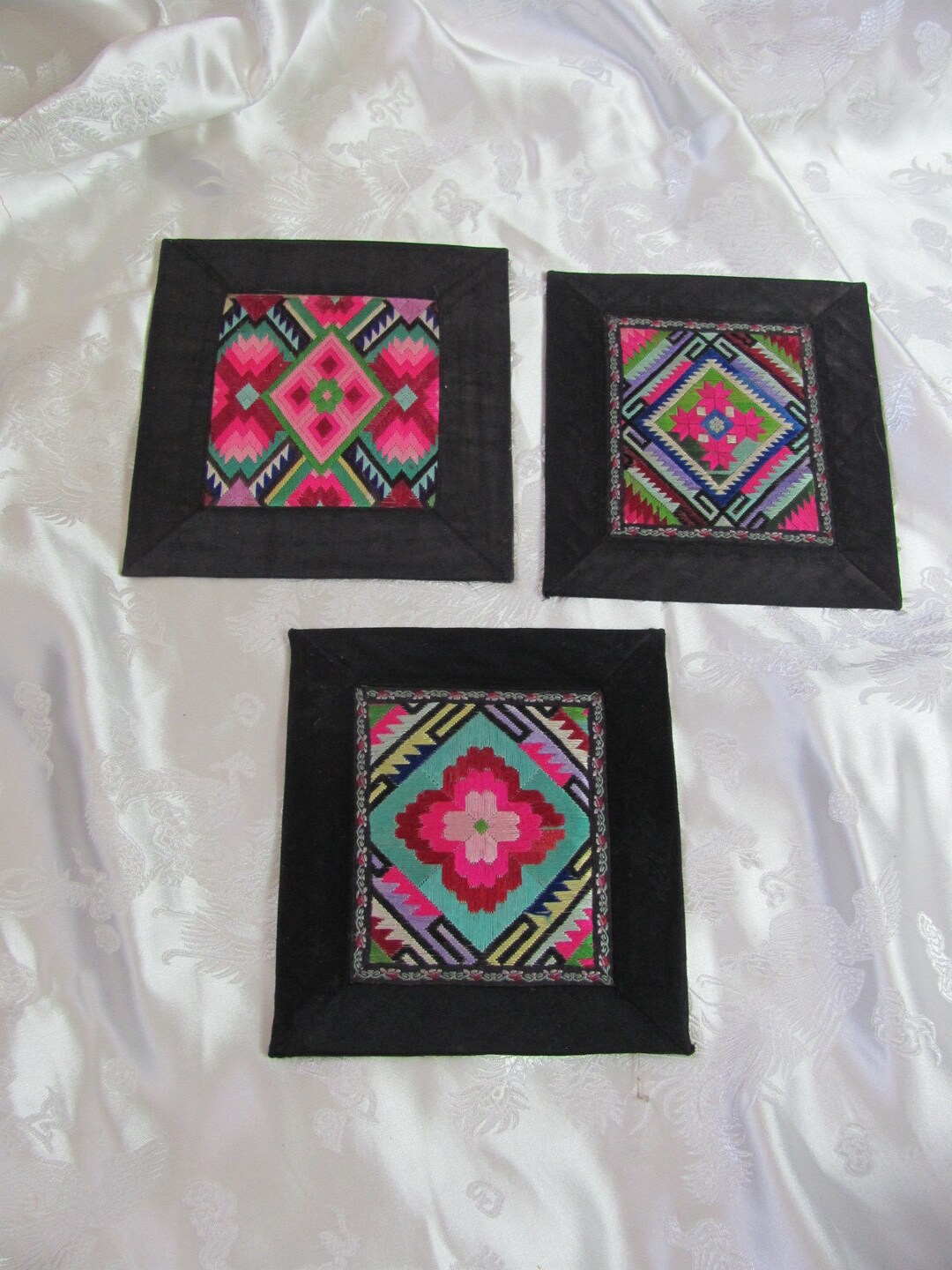 Set of 3 Small Square Silk Embroidered Panels Hand Stitched Vintage ...