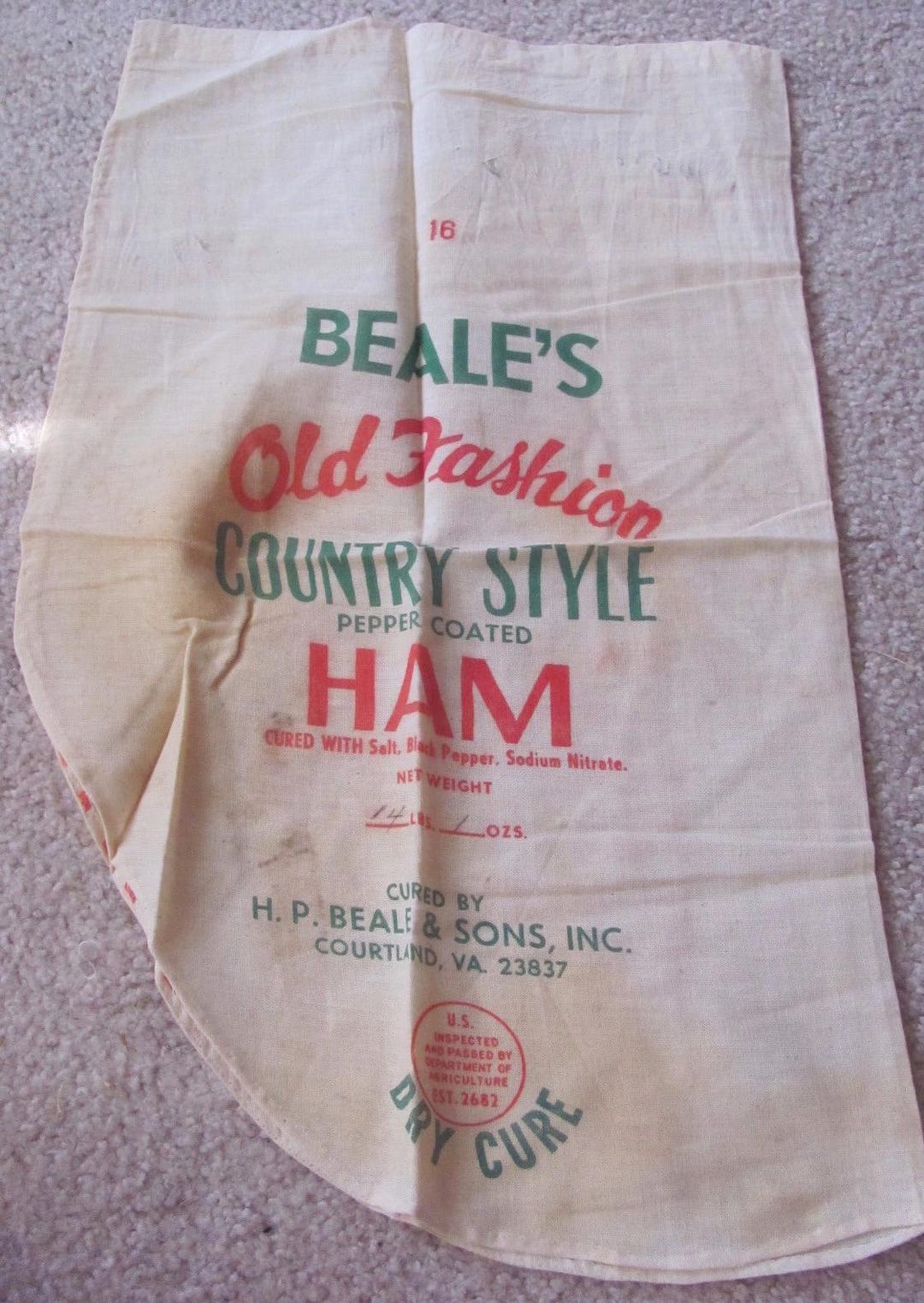 Vintage Beale's Country Ham Sack Bag Cloth Virginia Hams Pork ...