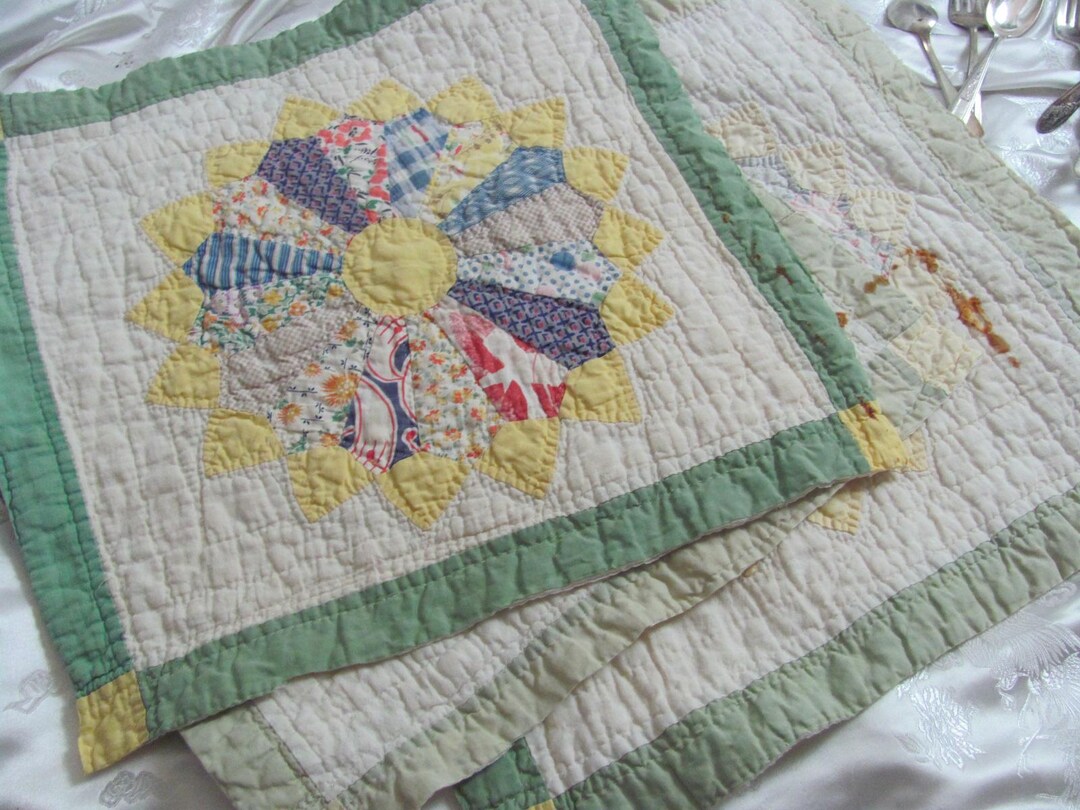 Hand Stitched Antique Cotton Calico Quilt Piece Square Block 14" X 14 ...