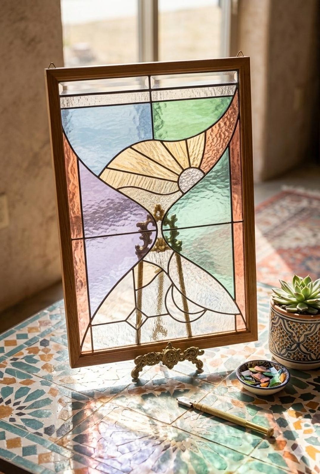 Sand Timer Stained Glass Pattern – Celestial Hourglass Day & Night Diy ...