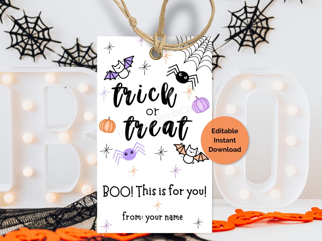 Editable Halloween Gift Tag, Trick or Treat Favor Bag Tag, Printable ...