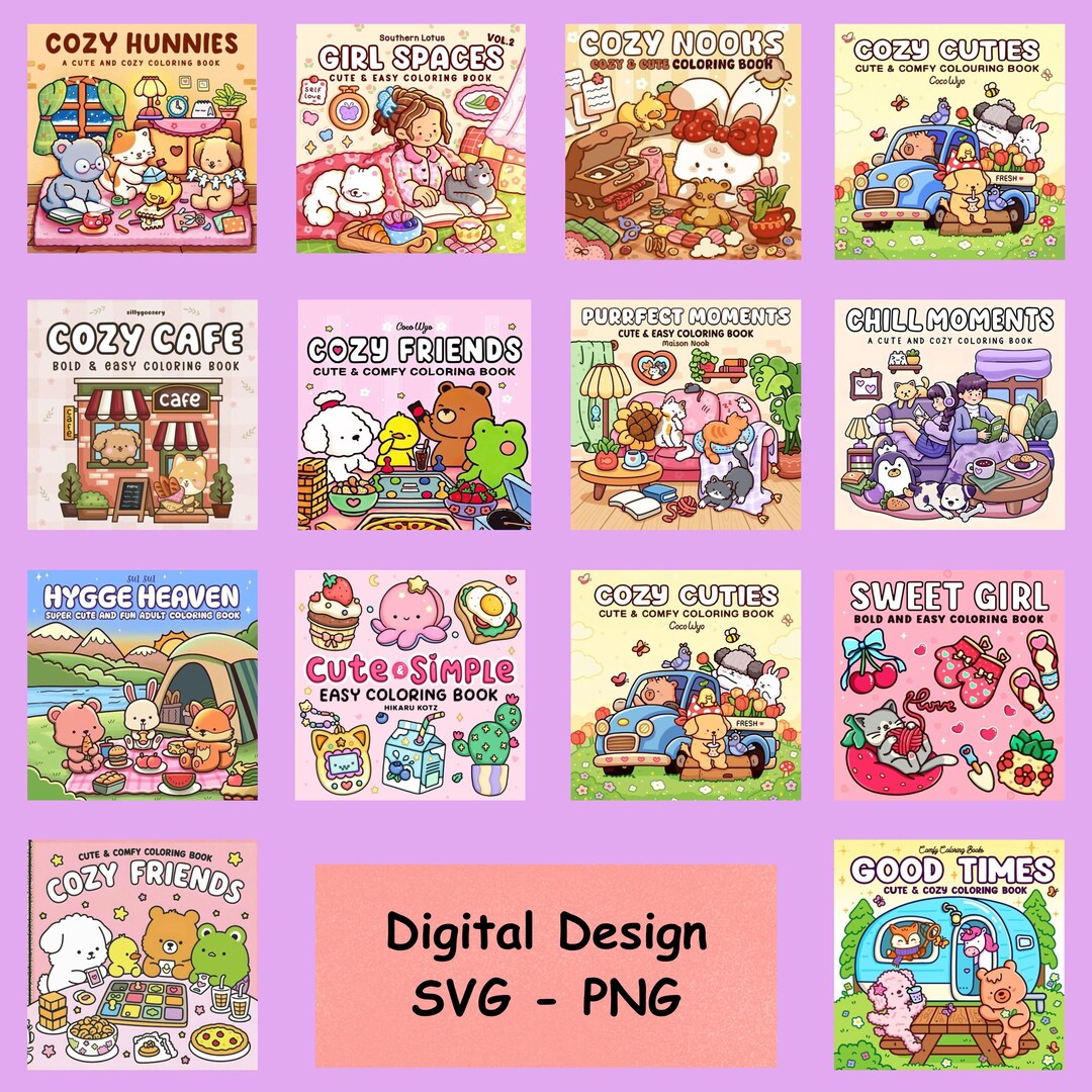 Cozy Coloring Book Covers SVG PNG, Kawaii Designs (digital Download - Etsy