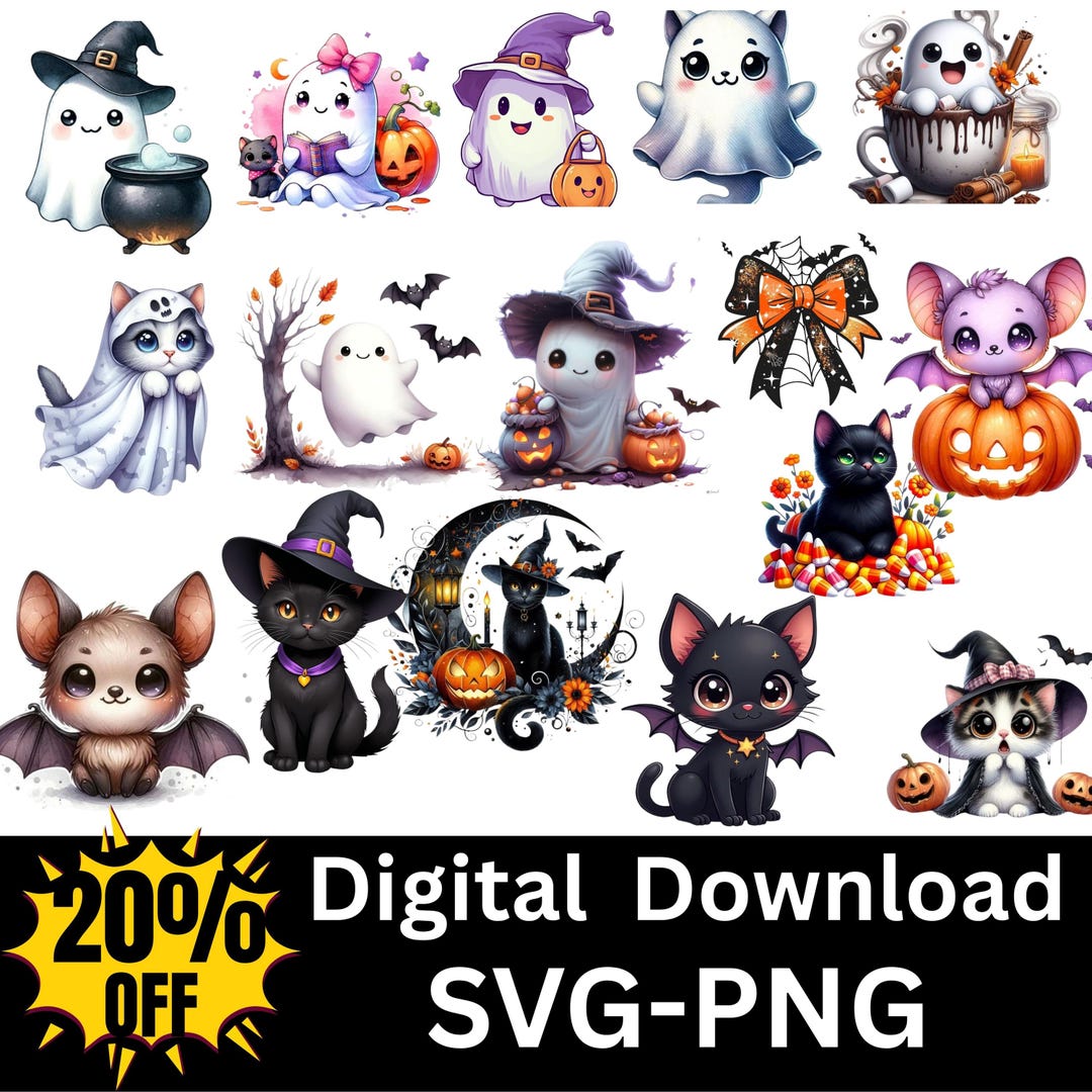 Kawaii Halloween Clipart | Spooky Ghost, Cat, Bat (SVG, PNG Digital ...