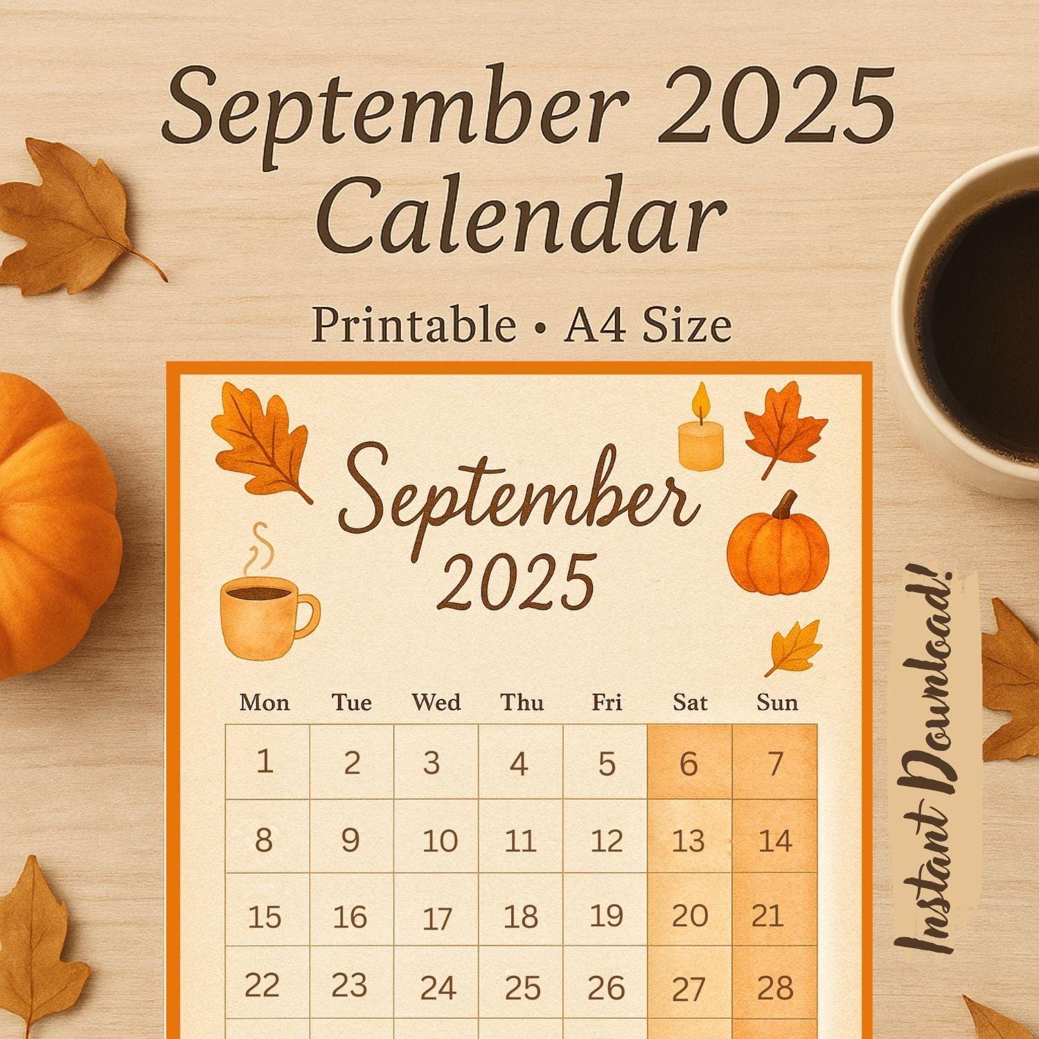 September 2025 Calendar Printable , Autumn Fall Monthly Planner ...