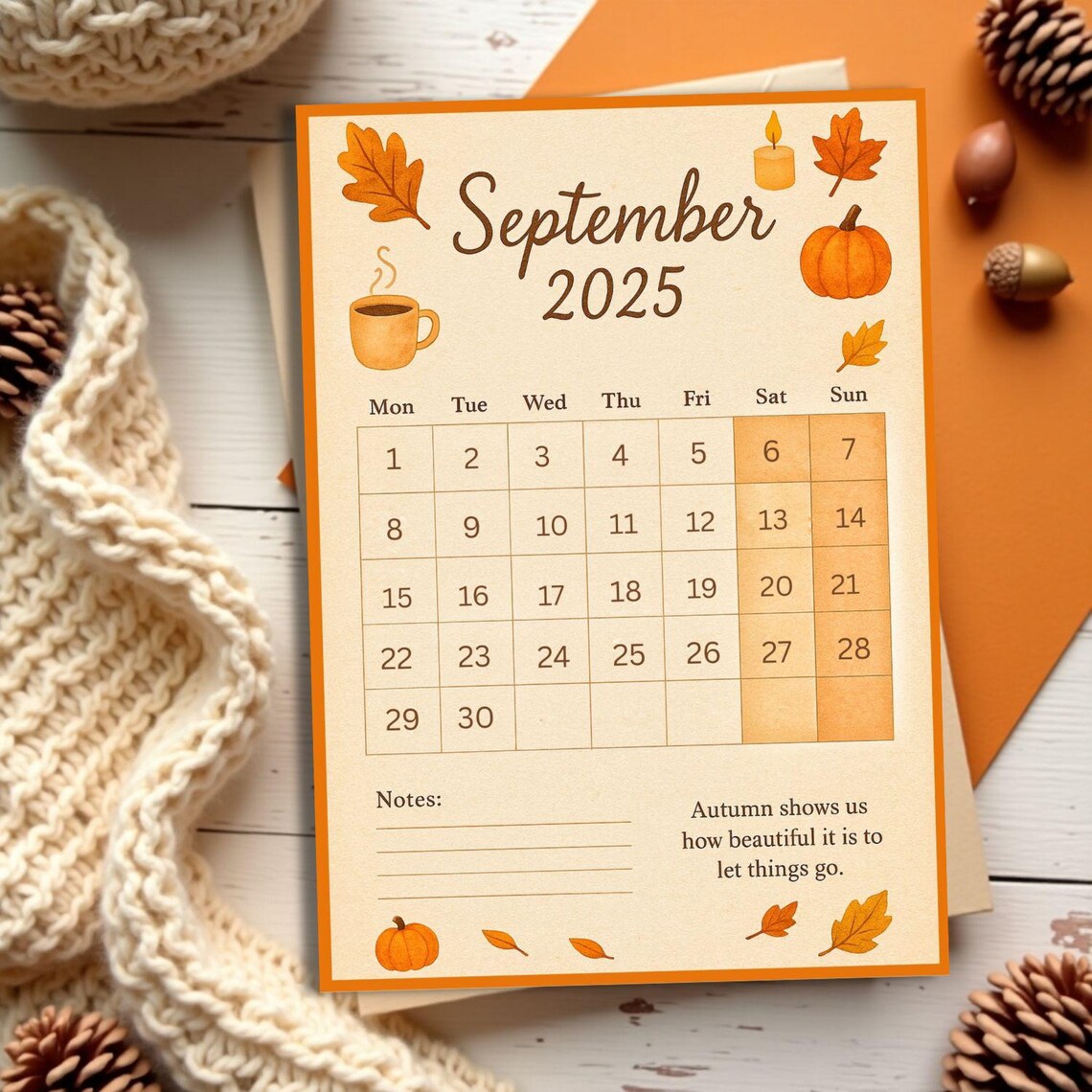 September 2025 Calendar Printable , Autumn Fall Monthly Planner ...