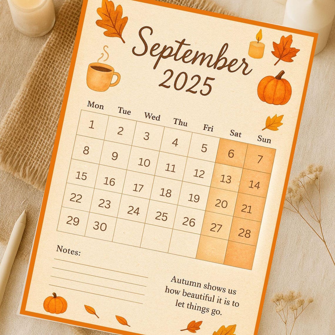 September 2025 Calendar Printable , Autumn Fall Monthly Planner ...