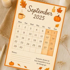 September 2025 Calendar Printable , Autumn Fall Monthly Planner ...