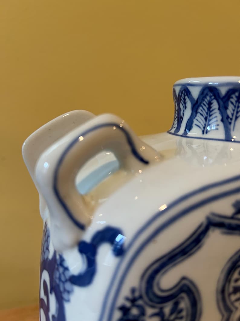 Vintage Chinese Blue and White Ceramic Moon Flask Vase or Jug With ...