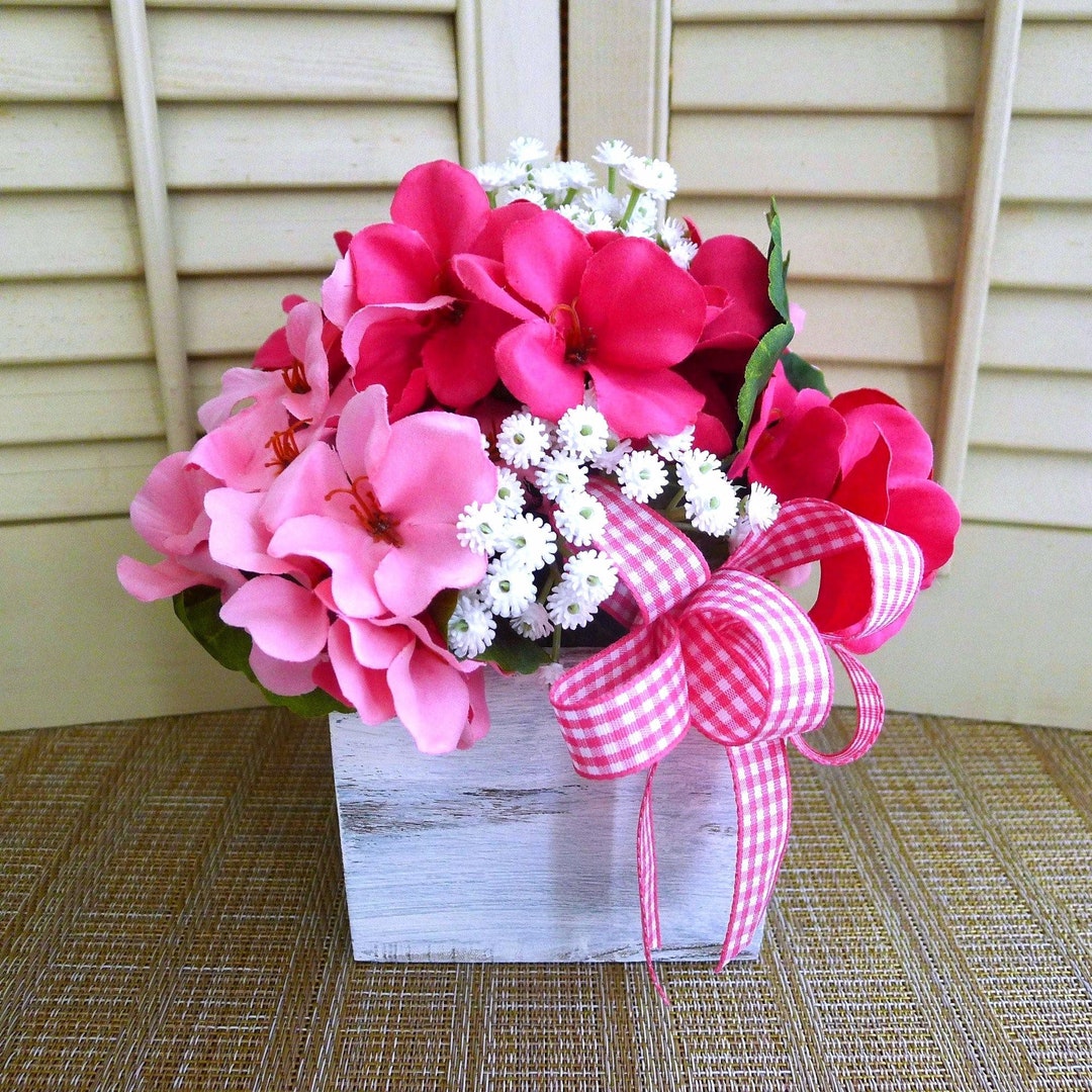 Pink Geranium Arrangement Two-tone, in a White Washed Wood Planter - Etsy