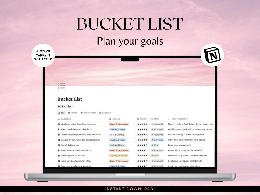 Notion Bucket List Template | Vision Board, Goal Cards, Categories ...