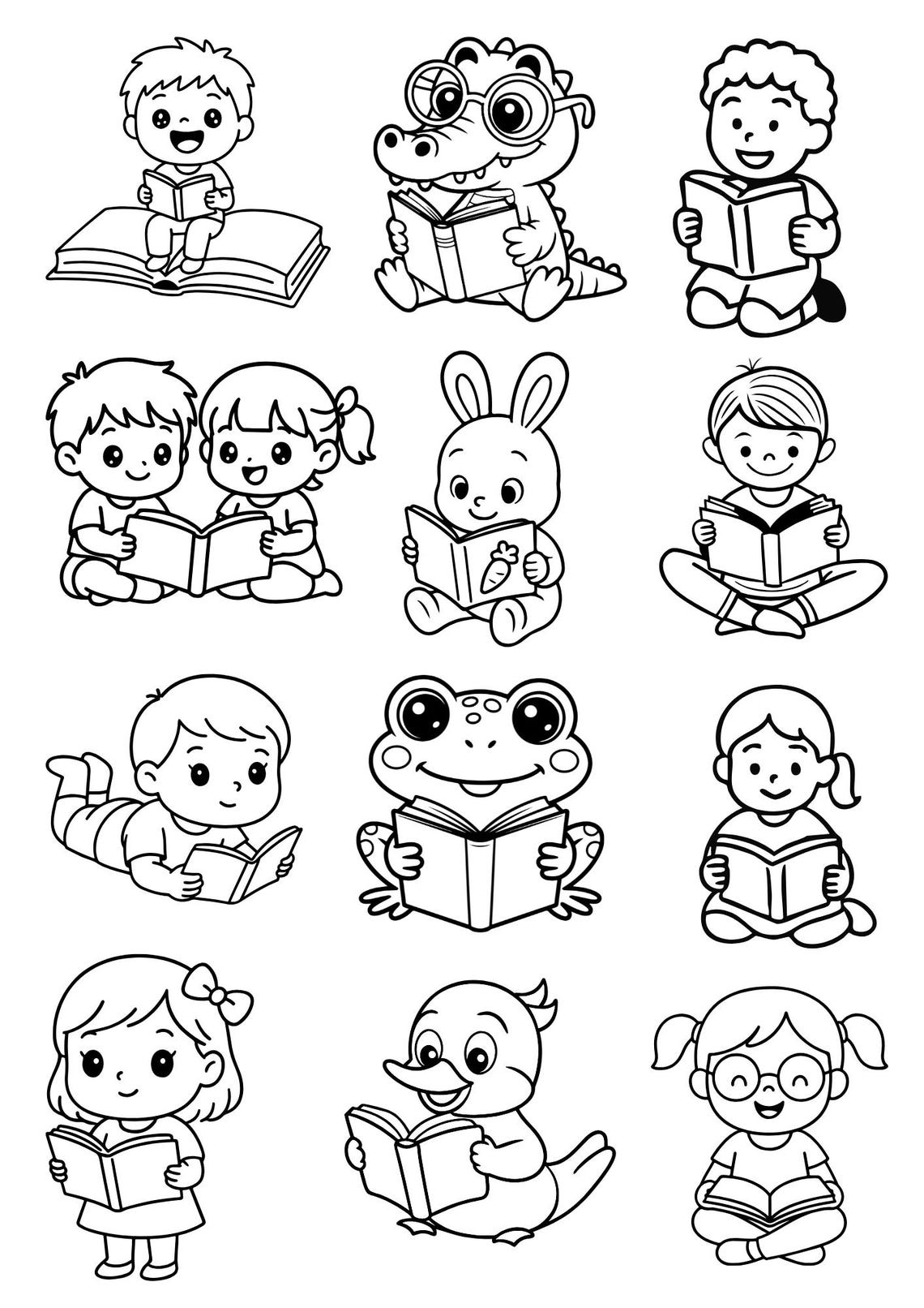 Kids Reading Coloring Pages, Children & Animals Reading Books ...