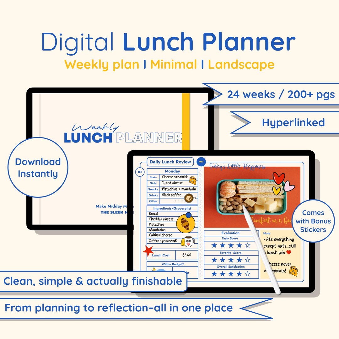 Weekly Lunch Planner | Hyperlinked | Digital Meal Planner With Stickers ...