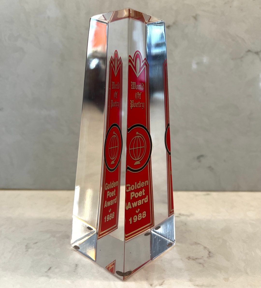Vintage LUCITE Award Obelisk World of Poetry Golden Poet Award 1988 - Etsy