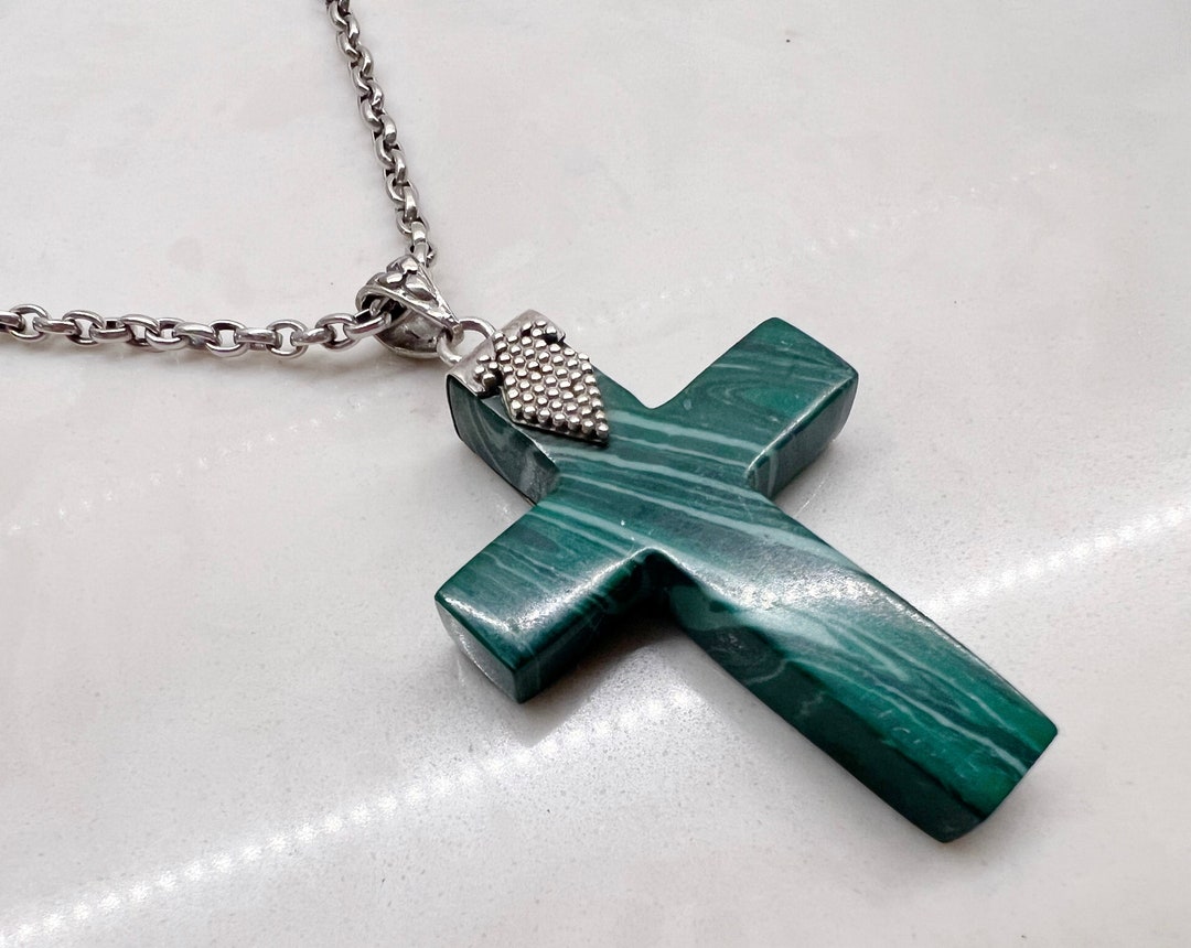 Large Sterling Silver Malachite Cross Pendant Rolo Chain Necklace 24 ...