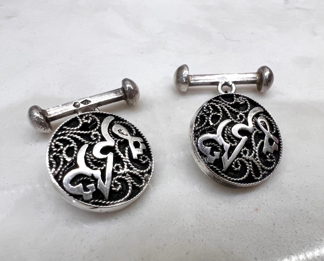 Vintage French Colonial Sterling Silver Cufflinks Bar and Chain Arabic ...