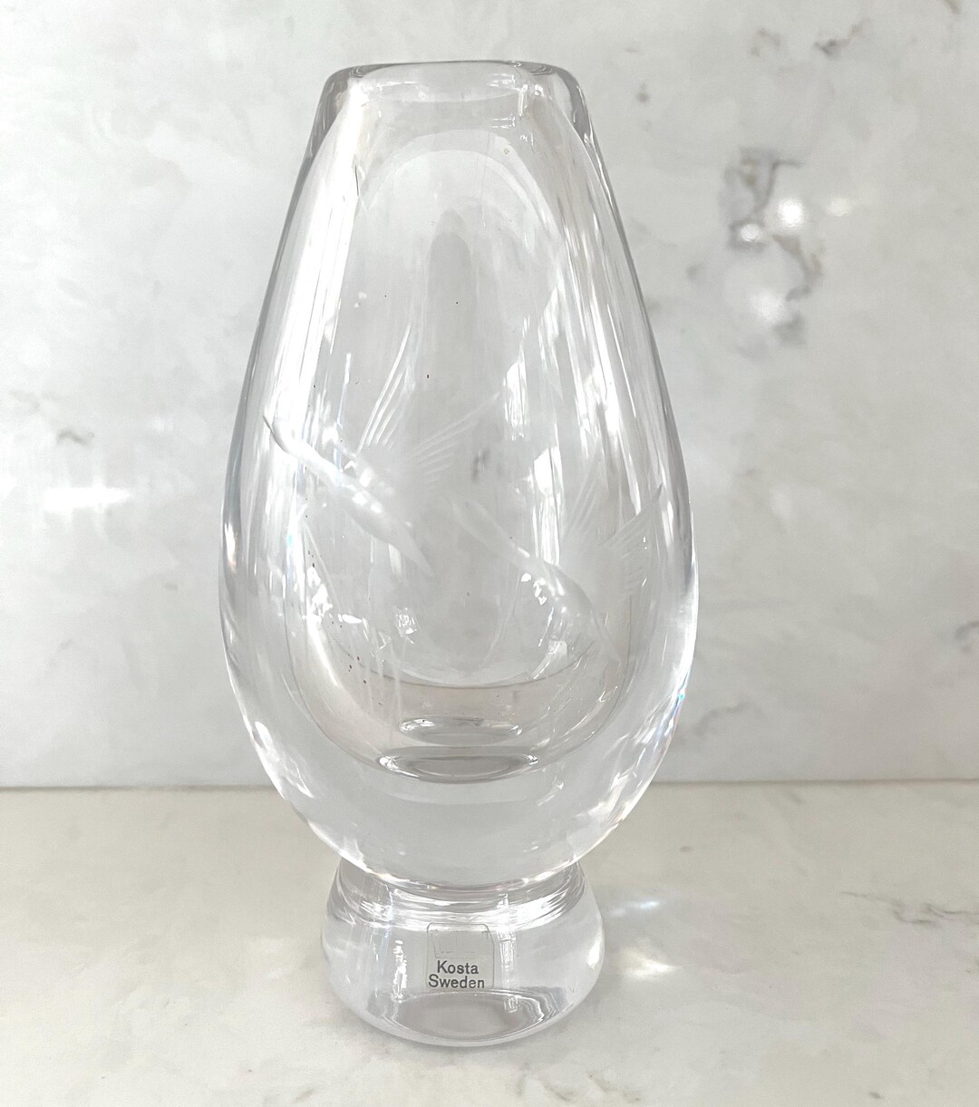 Vintage KOSTA BODA Sweden Crystal Vase With Etched Duck Design Sticker ...