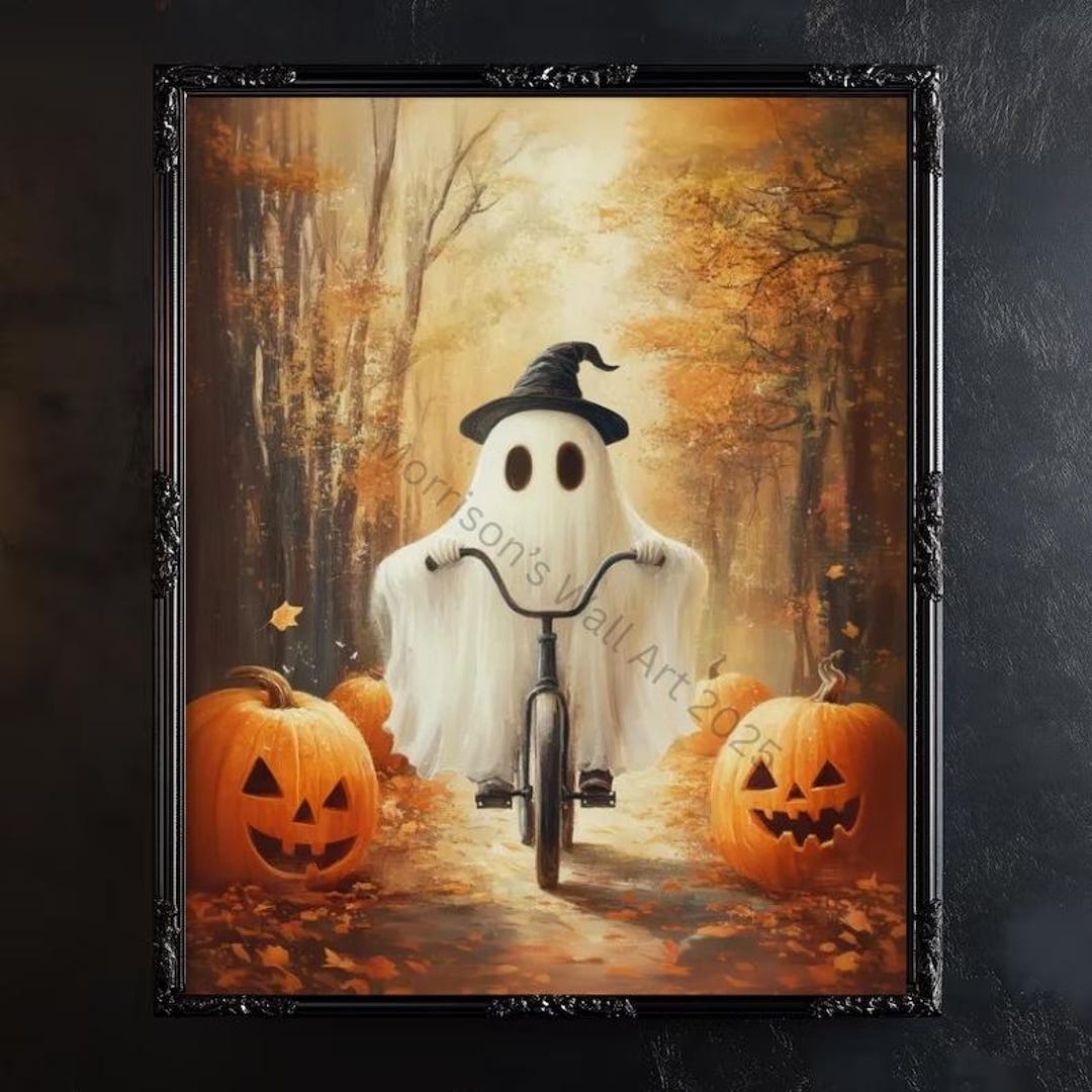 Ghost on Bicycle Fall Art Print: Spooky Halloween Decor (digital ...