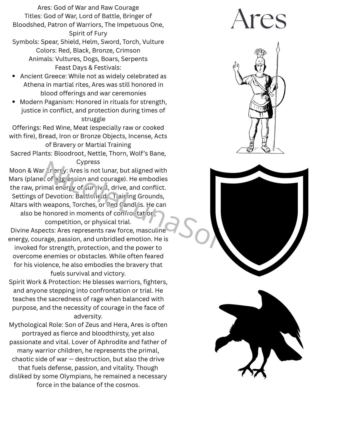 Ares Info Sheet, Deity, Instant - Etsy