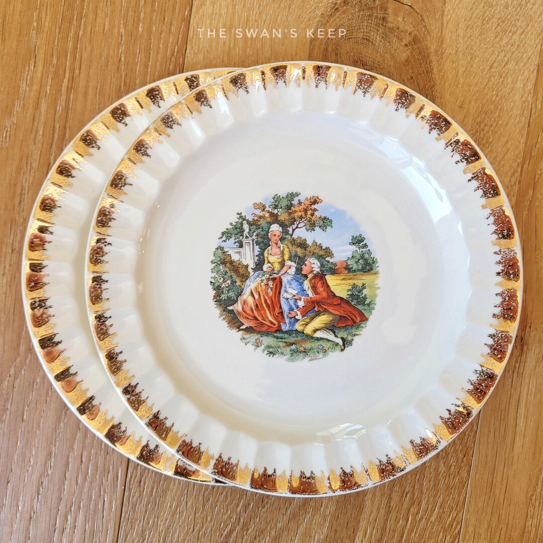 Pair of Vintage Cronin China Plates | Romantic Courting Scene With Gold ...