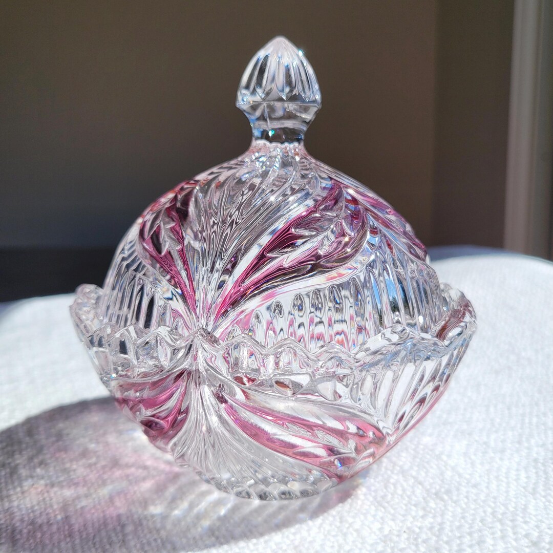 Vintage Pink & Clear Glass Candy Dish With Lid | Retro Cut Glass ...