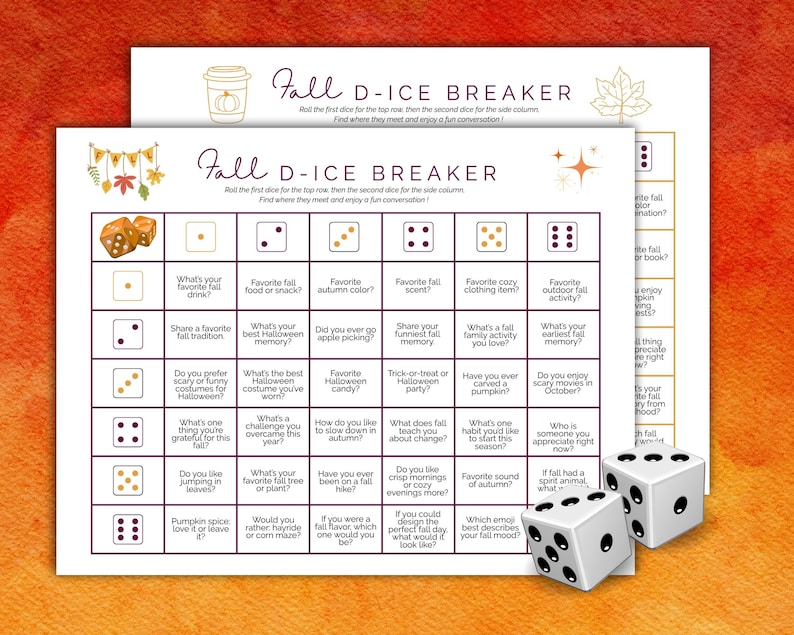 Fall Dice Icebreaker Game | Printable Thanksgiving, Halloween Activity ...