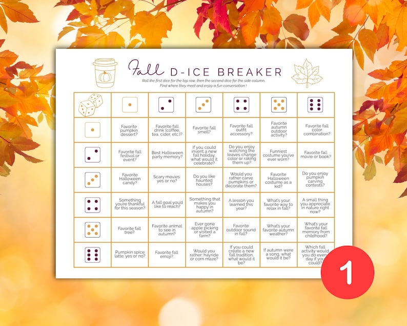 Fall Dice Icebreaker Game | Printable Thanksgiving, Halloween Activity ...