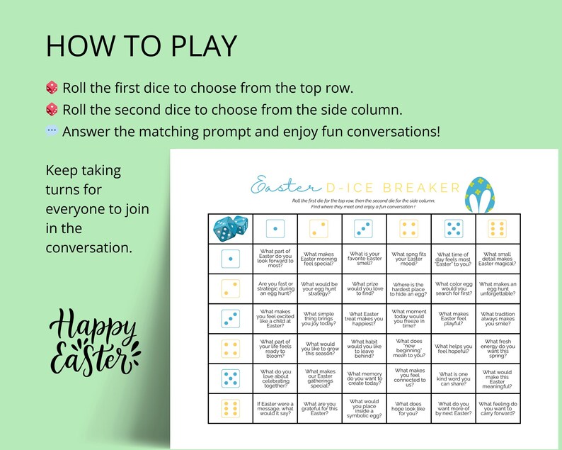 Easter D-ICE Breaker Game Printable | Easter Conversation Starter Game ...