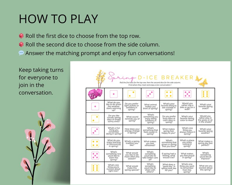 Spring Ice Breaker Game Printable | Get to Know You Dice Game | Spring ...