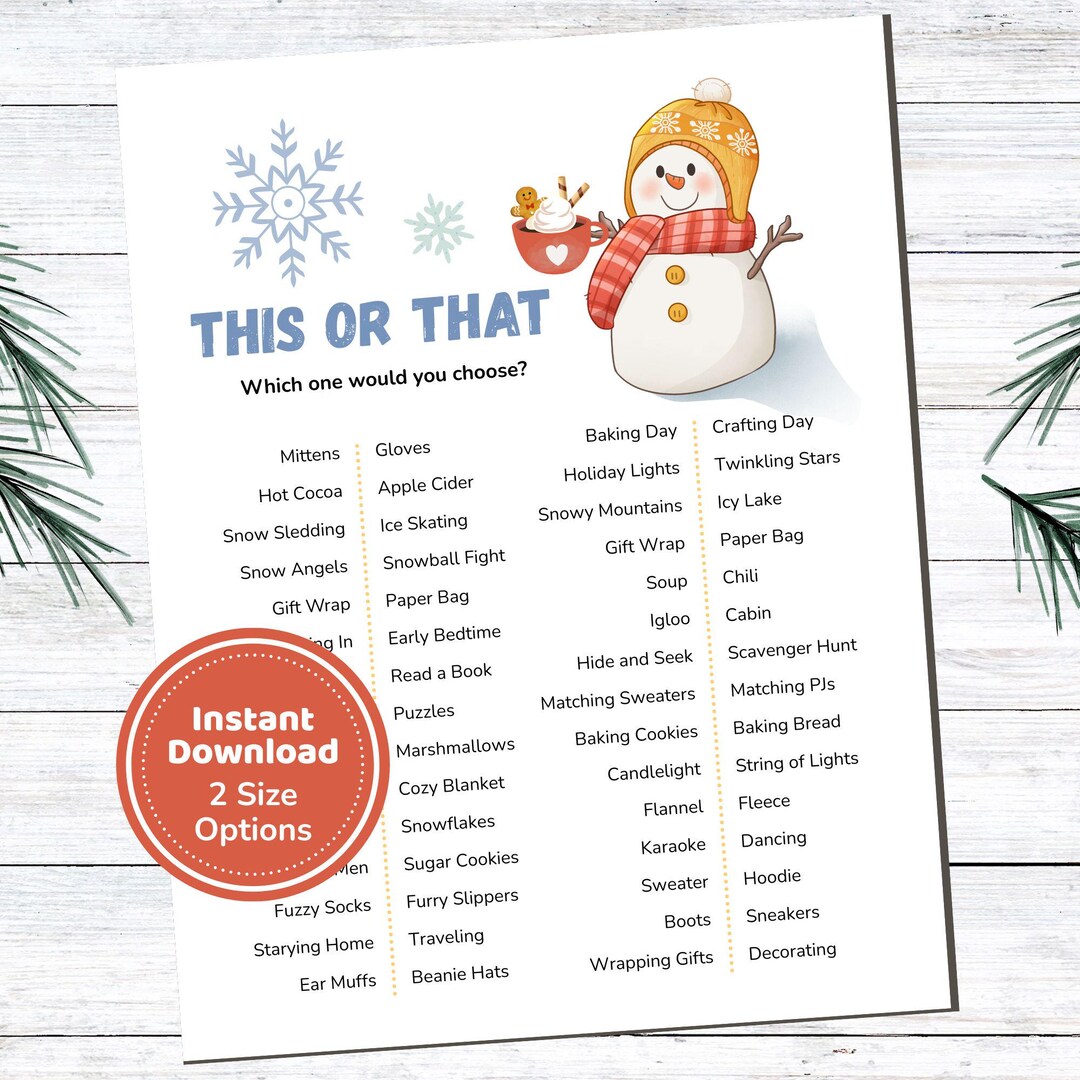 Winter This or That Game Printable | Cozy Snowman Party Game | Winter ...