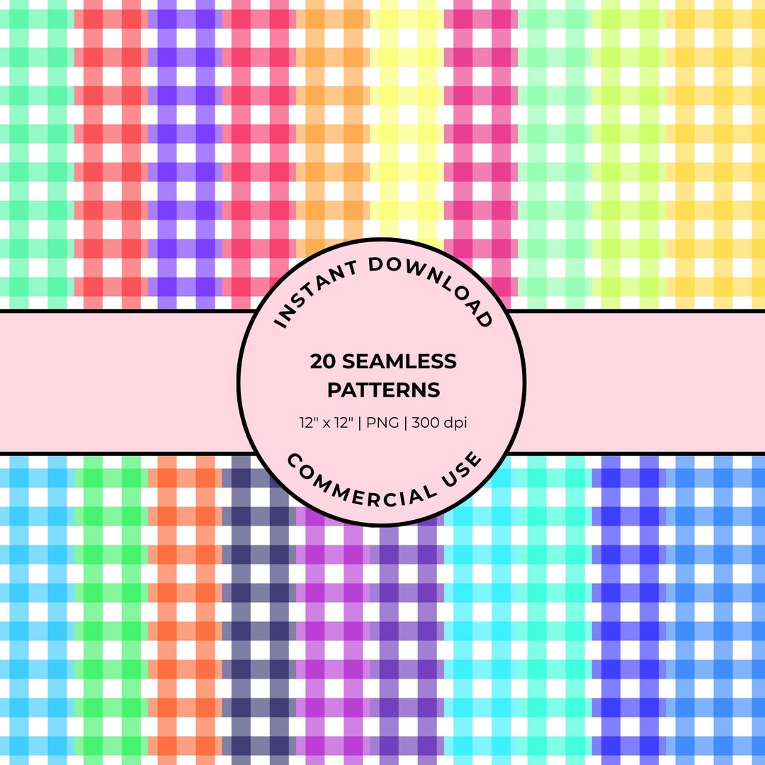 Gingham Neon Rainbow Digital Paper Pattern seamless Plaid Patterns ...