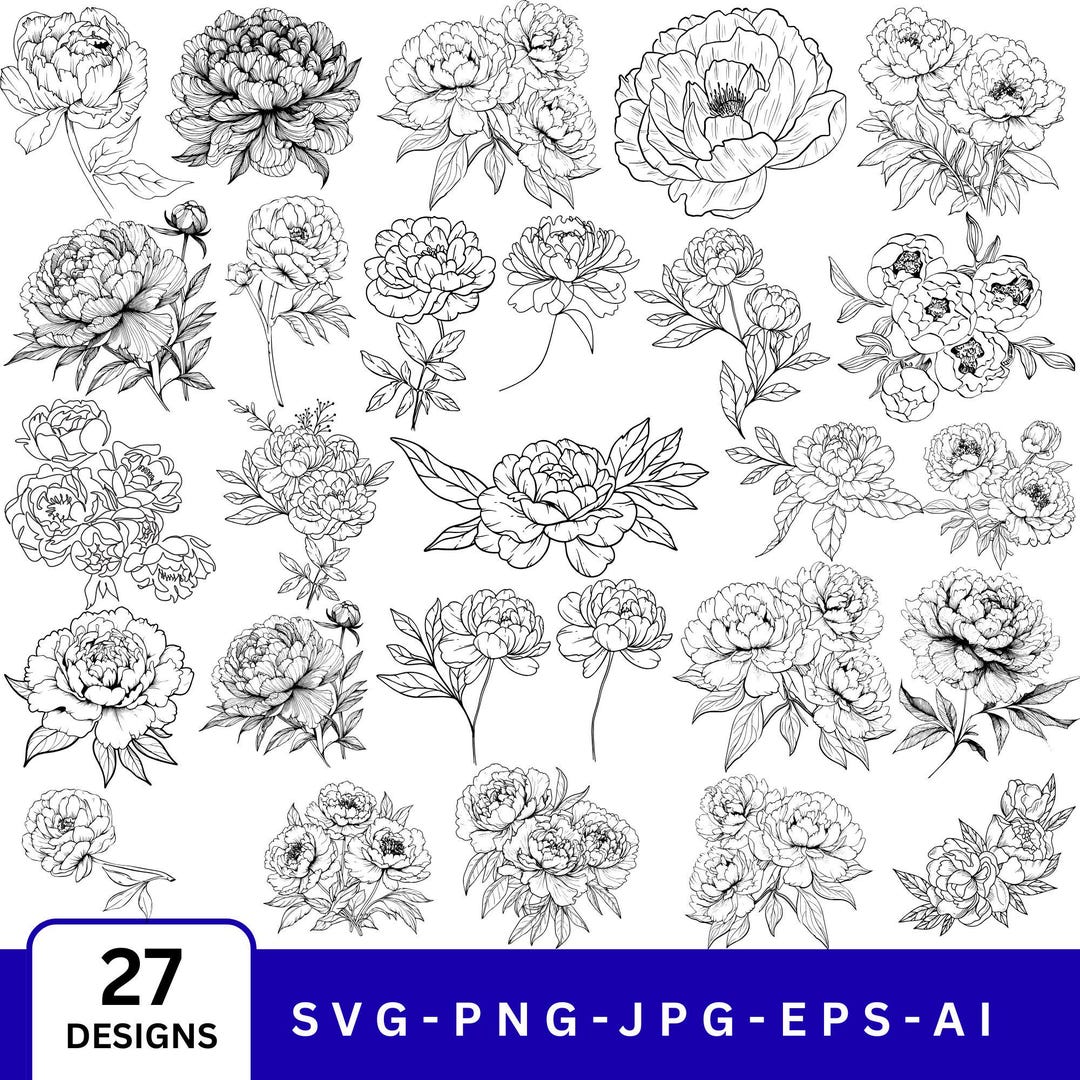 Peony Flower Line Art SVG Bundle: Floral Arrangement (commercial Use ...