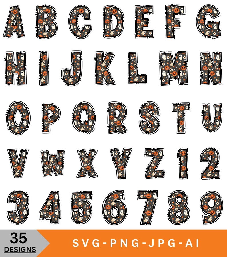 Halloween Alphabet SVG | Doodle Letter PNG Bundle | Halloween Clipart ...