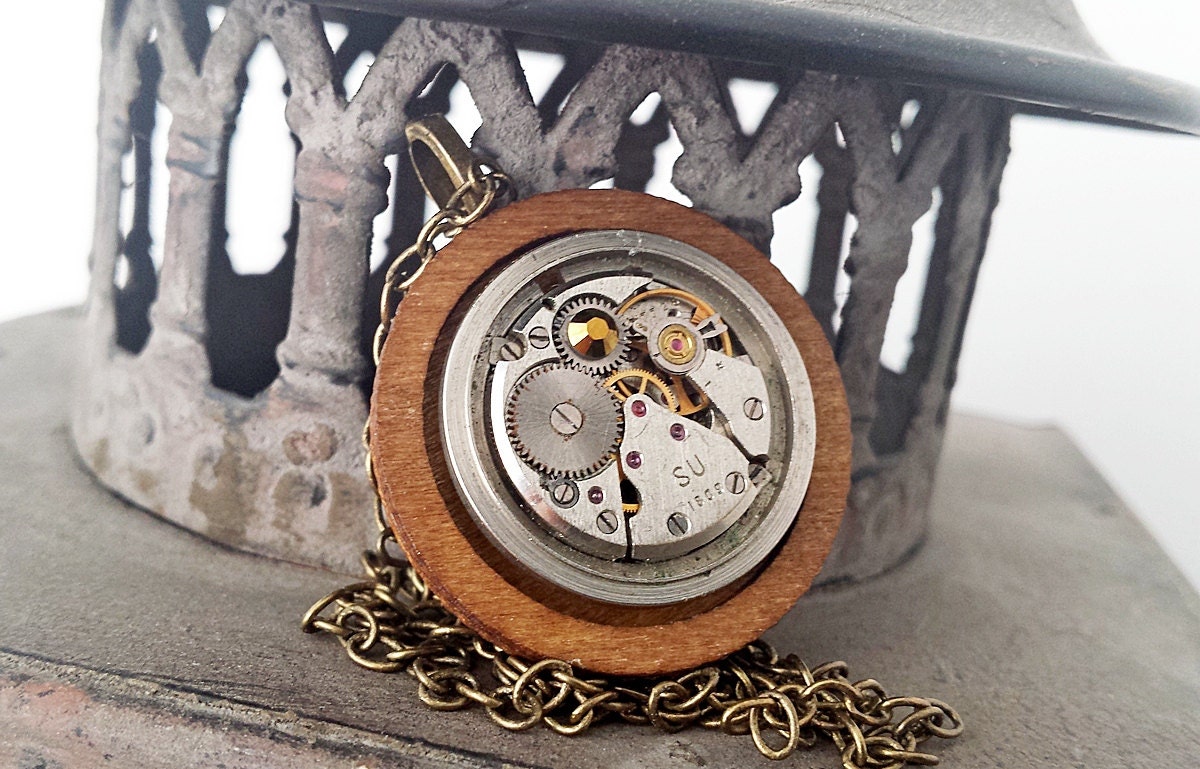 Industrial Chic Vintage Watch Movement With Wood And Swarovski Steampunk Senstion Etsy