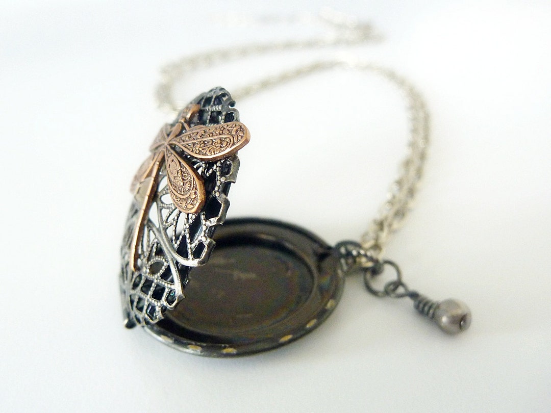 Locket , Steampunk Inspired Pendant With Dragonfly, Swarovski and Pearl ...