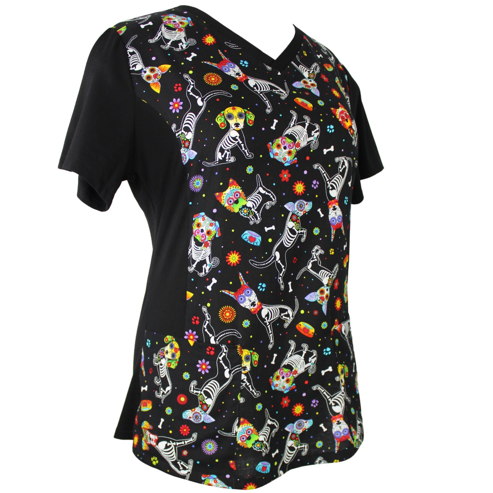 Medical and Veterinary Women's Rounded V-neck 2-pocket Doggie Scrub Top ...