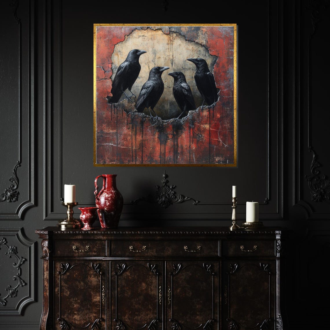 Raven Quartet Canvas, Crow Wall Art, Bird Print, Textured Canvas Design ...