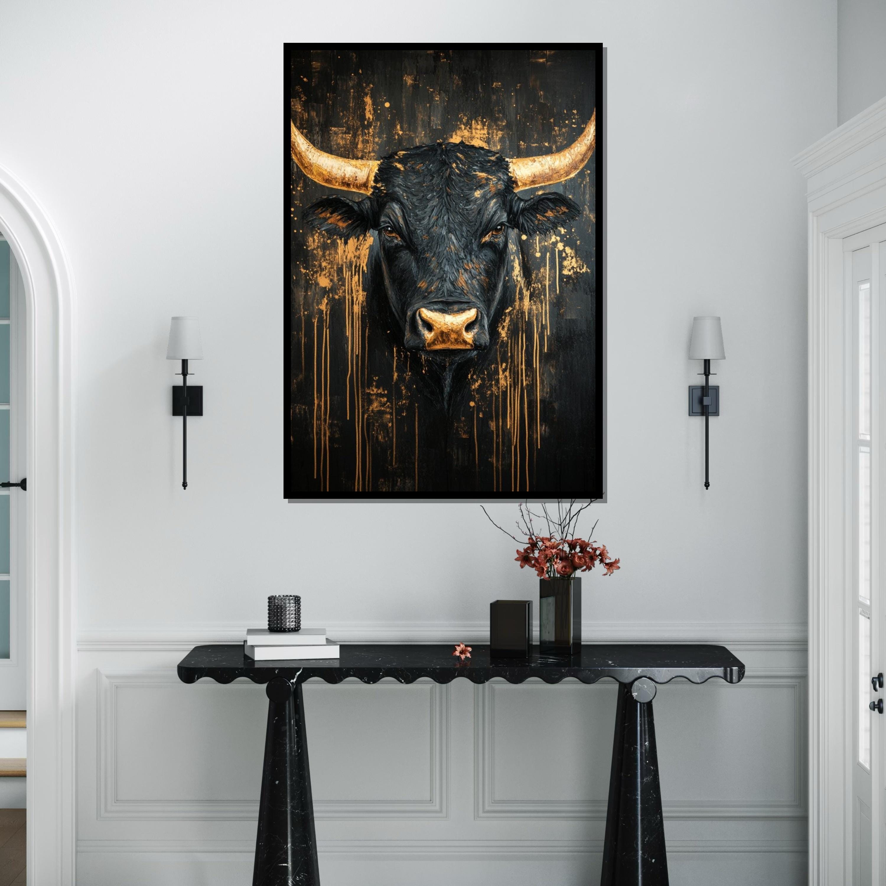 Golden Bull Canvas, Abstract Animal Art, Bull Wall Print, Gold Splatter ...