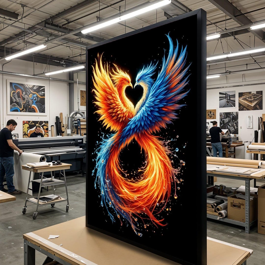 Twin Phoenix Canvas, Fiery and Water Birds Art, Mythical Wall Print ...