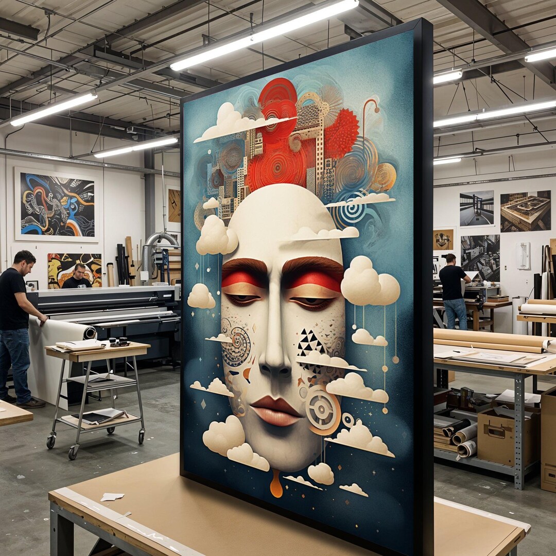 Surreal Dreamscape Canvas, Abstract Face Art, Clouds and Geometry Print ...