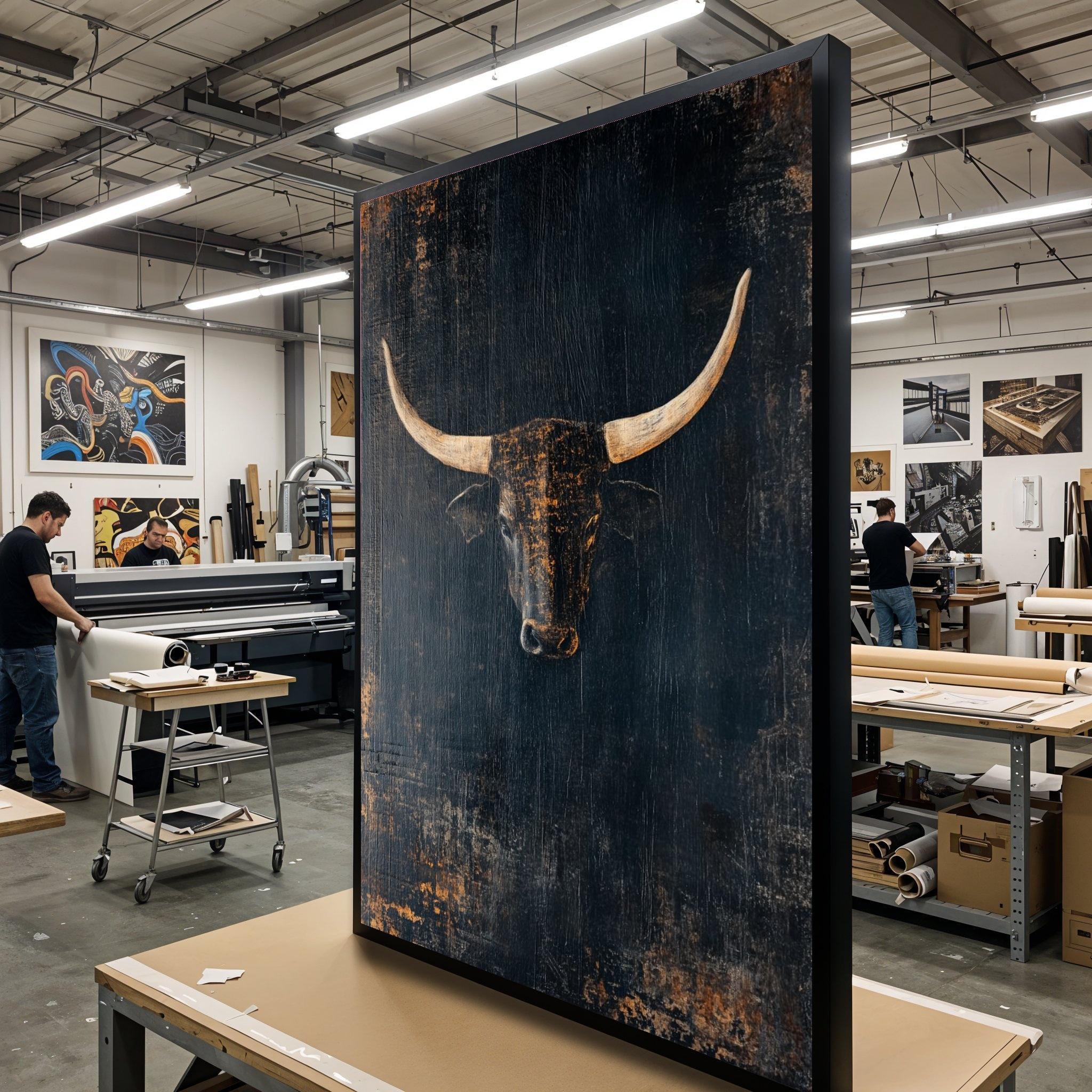 Majestic Bull Canvas Art, Rustic Bull Wall Print, Animal Wall Art, Dark ...