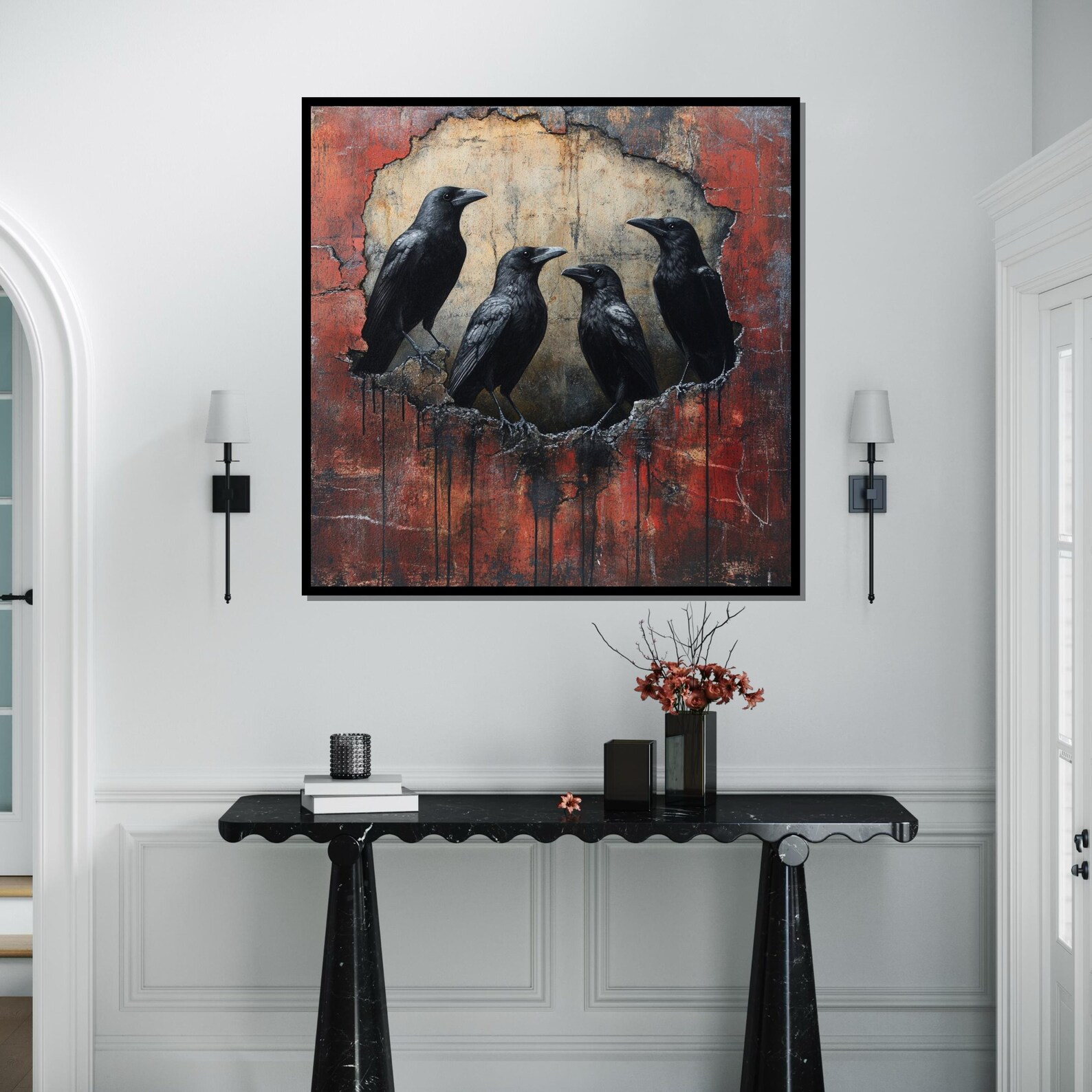 Raven Quartet Canvas, Crow Wall Art, Bird Print, Textured Canvas Design ...