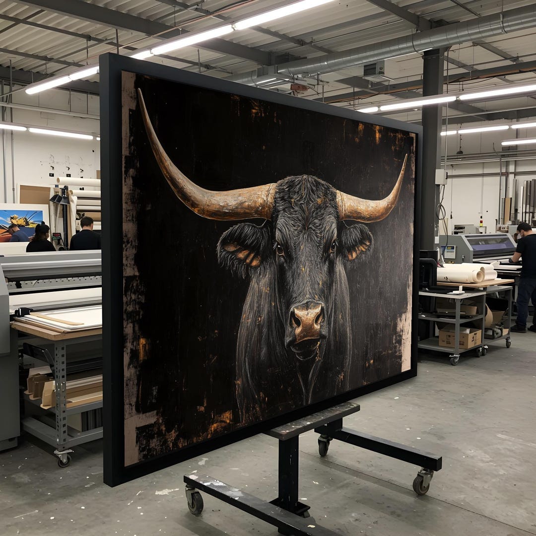 Majestic Bull Canvas, Powerful Horned Bull Art, Animal Wall Art, Dark ...