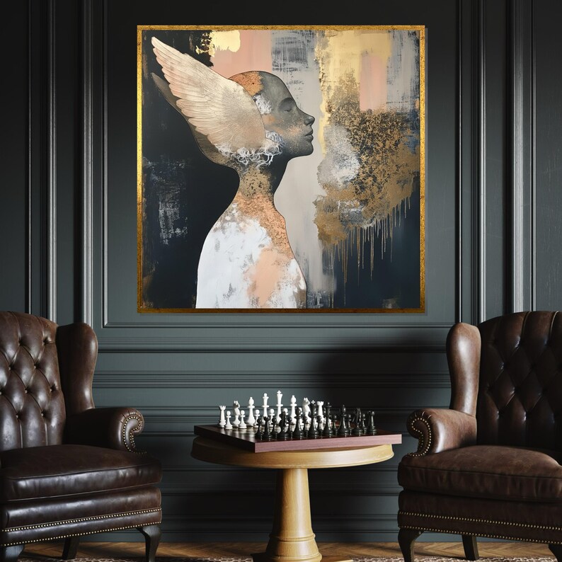 Golden Winged Silhouette, Angelic Profile Canvas, Abstract Portrait ...