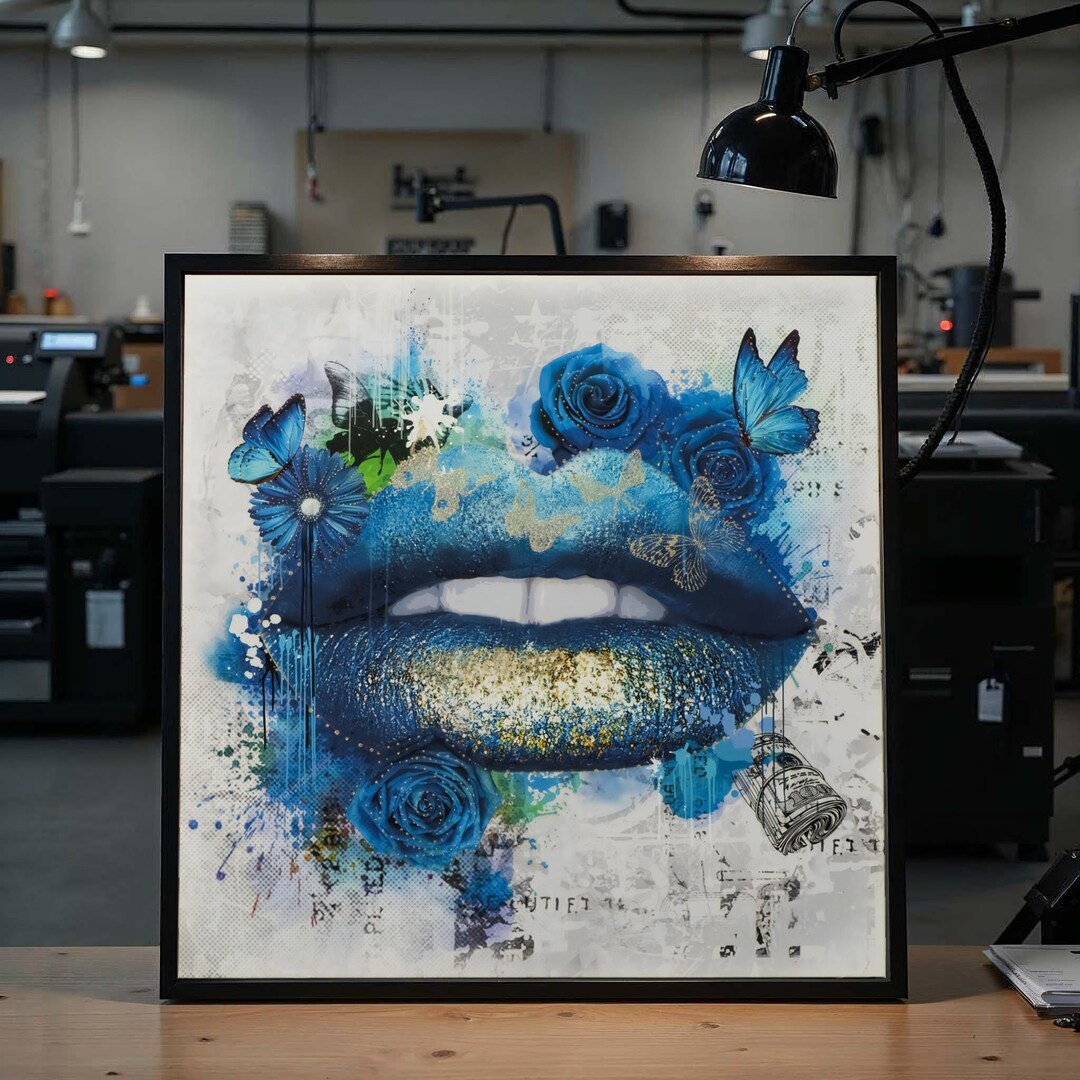 Glamorous Blue Lips Canvas Art, Butterfly and Rose Abstract, Wall Art ...