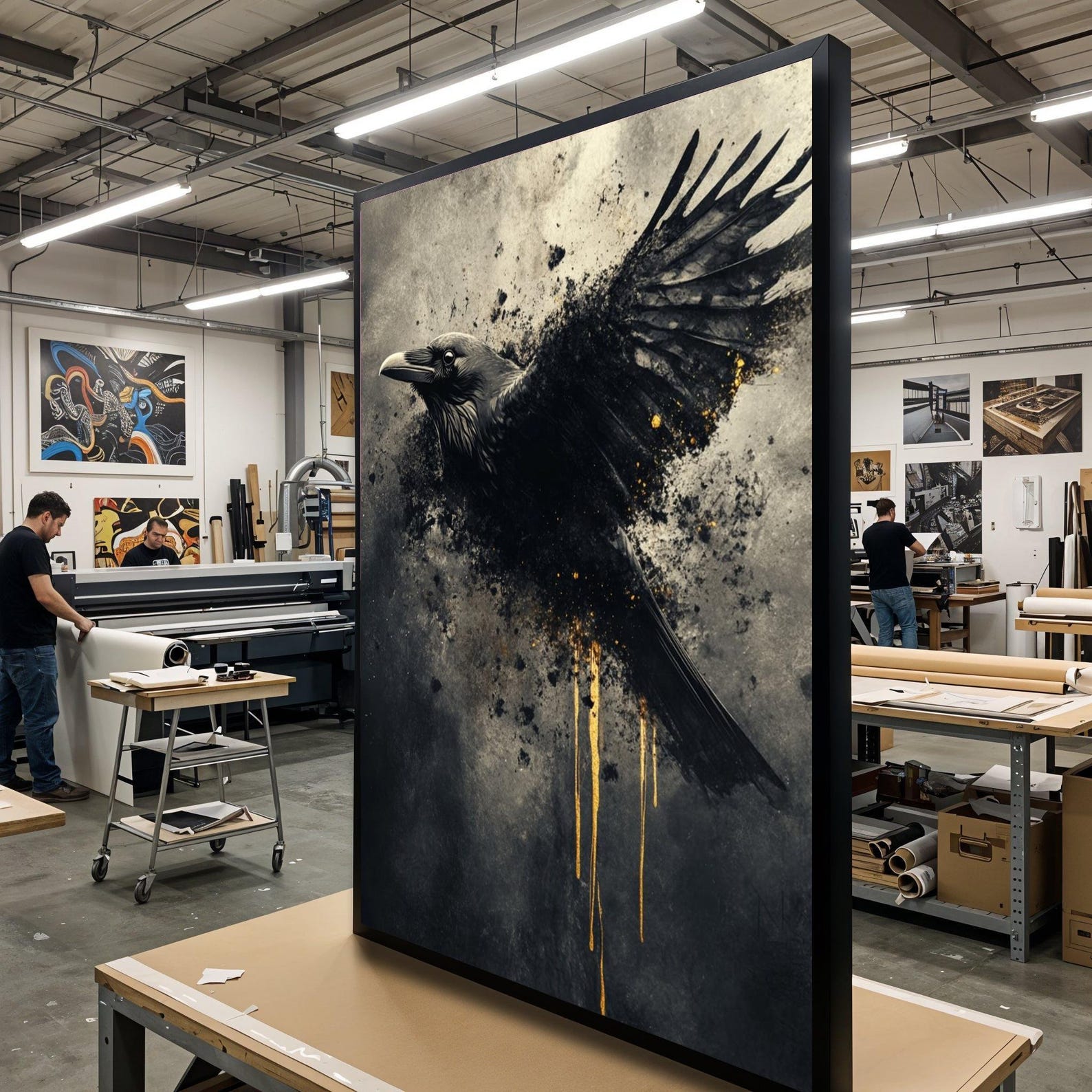 Raven Splatter Canvas, Dramatic Bird Art, Black and Gold Raven Print ...