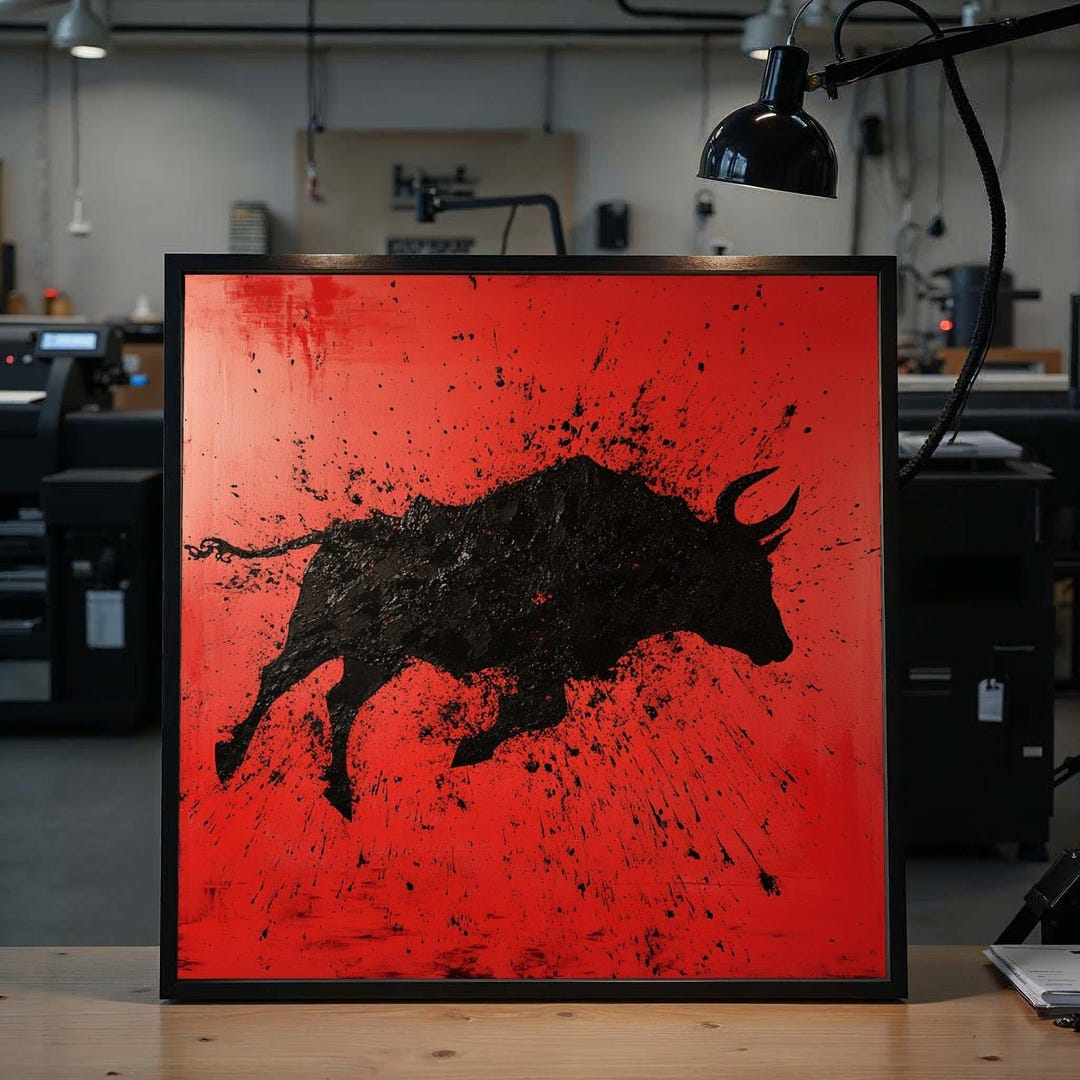 Abstract Bull Canvas, Charging Bull Art, Red and Black Splatter, Animal ...