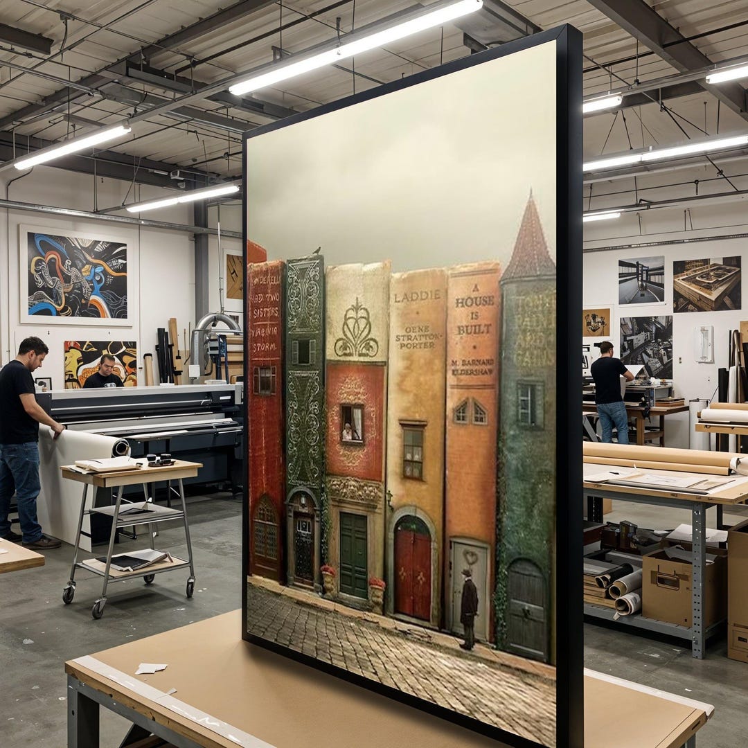 Book Spines Street Scene, Library Facade Canvas, Literary Artwork, Wall ...