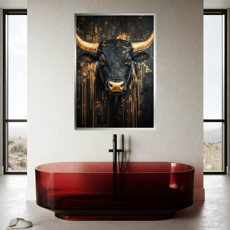 Golden Bull Canvas, Abstract Animal Art, Bull Wall Print, Gold Splatter ...