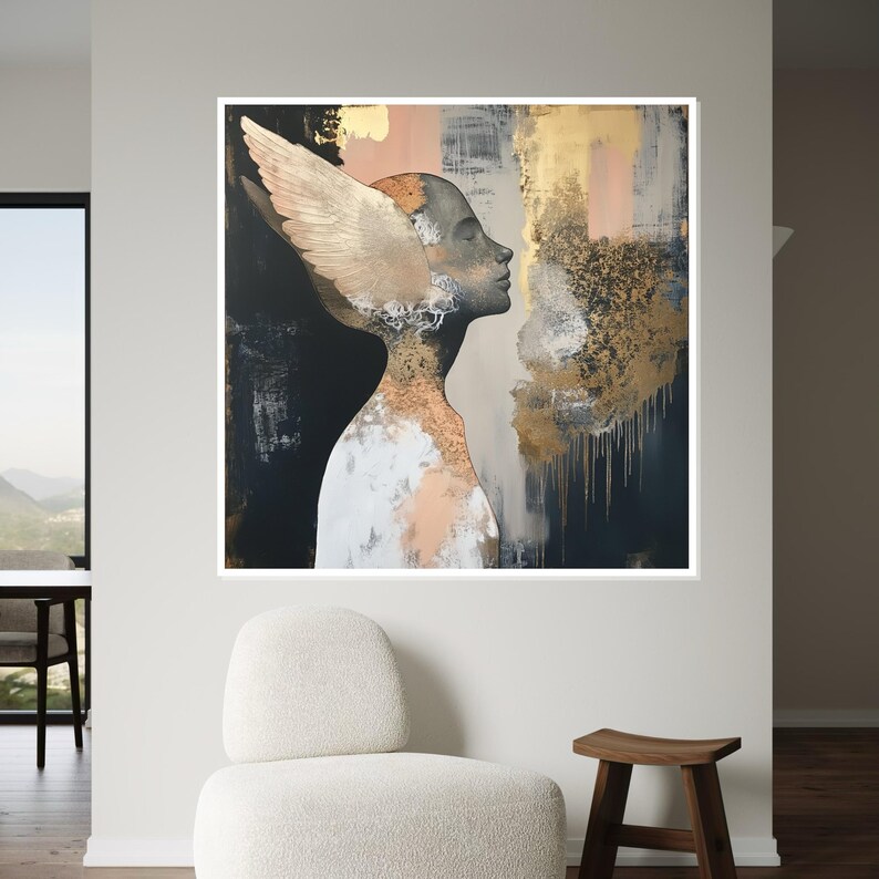 Golden Winged Silhouette, Angelic Profile Canvas, Abstract Portrait ...